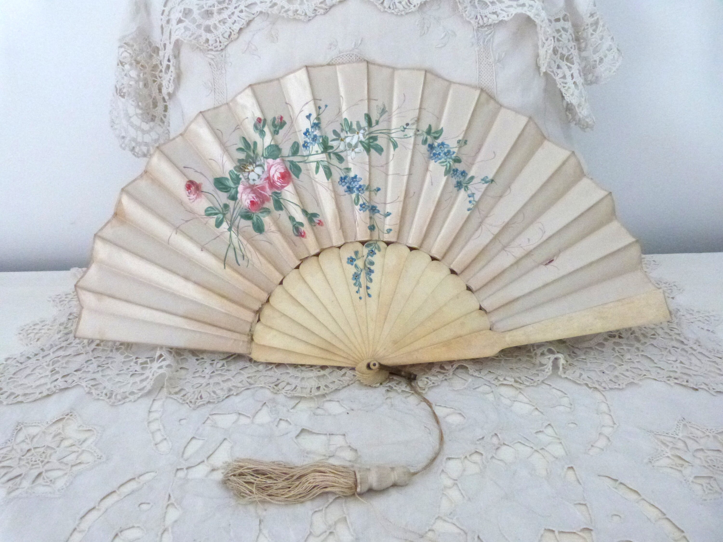 Antique Hand Fan 1800s Folding Fan French Chateau Hand Painted Silk W ...