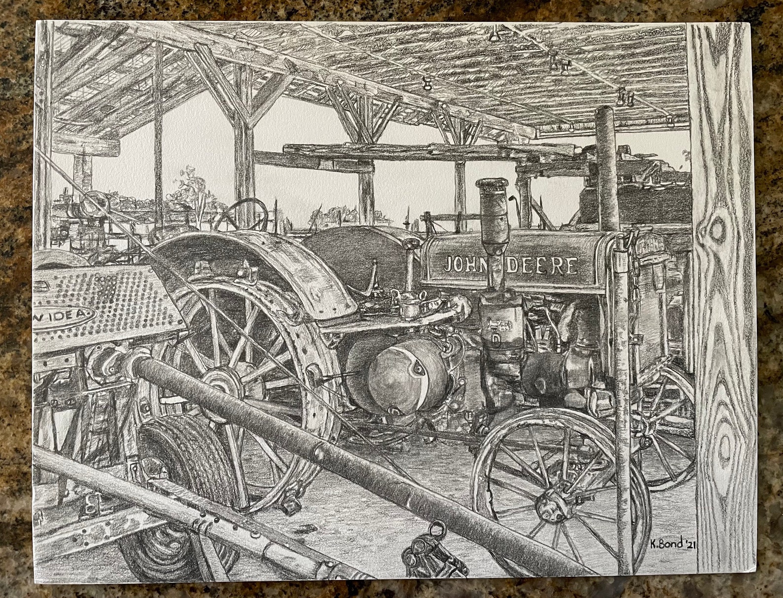 Inside the Old Barn Graphite Drawing Including Old John Deere Tractor ...
