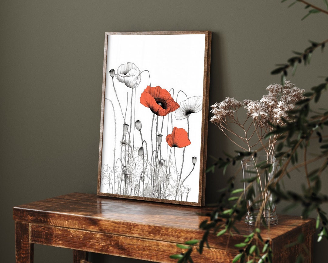 Line Drawing in Coloured Ink Poppies 3 - Art Print Poster Painting ...
