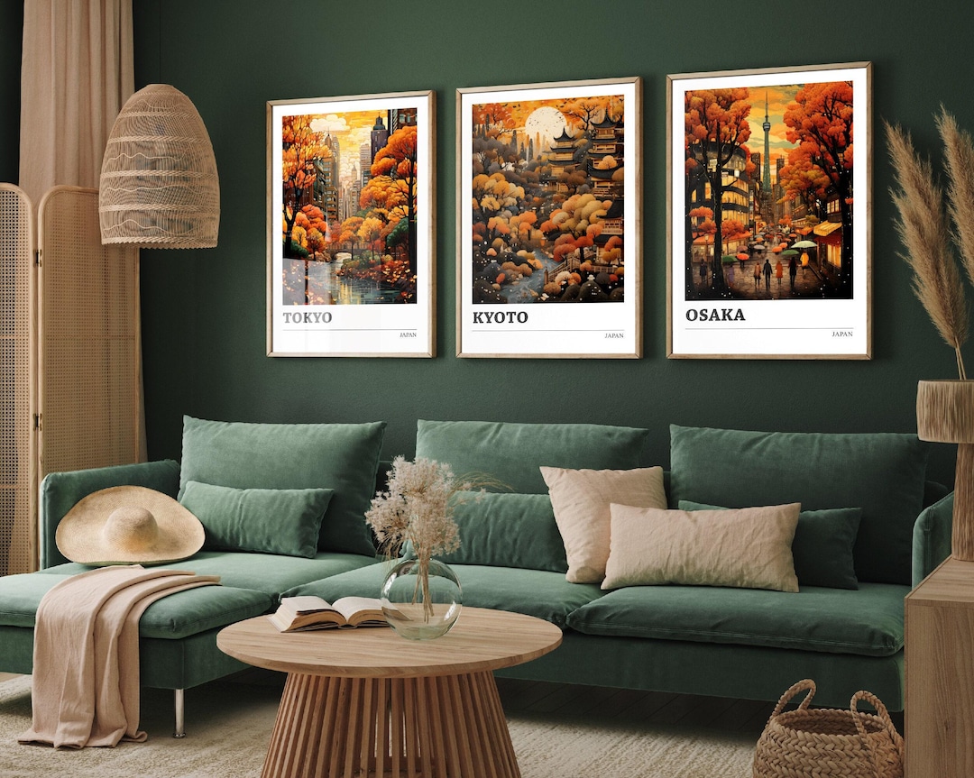 Set of Three Japan Travel Posters - Tokyo, Kyoto, Osaka, 3 Autumn City ...