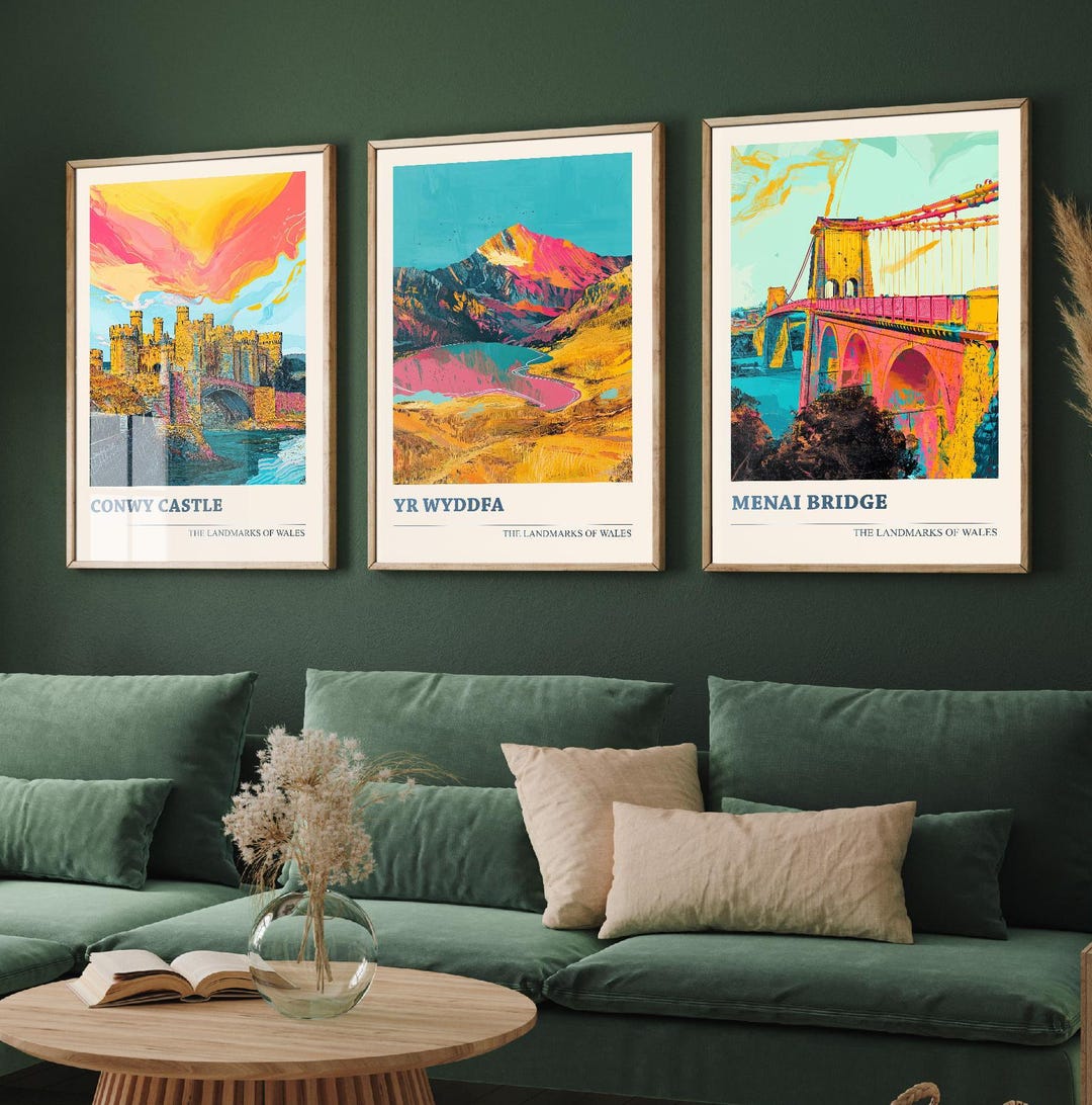 Conwy Castle, Yr Wyddfa & Menai Bridge Set of Three Colourful Art ...