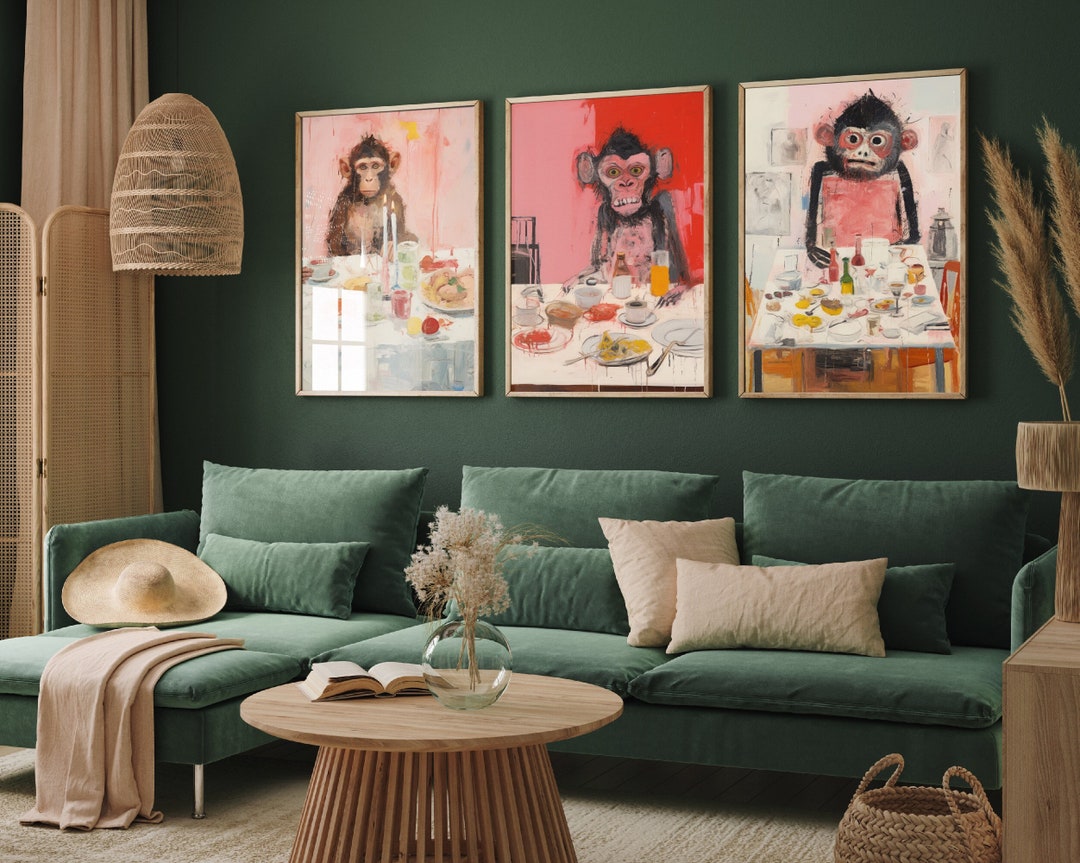 Depressed Monkeys at Dinner Set of Three Paintings - 3 Chimpanzee Ape ...