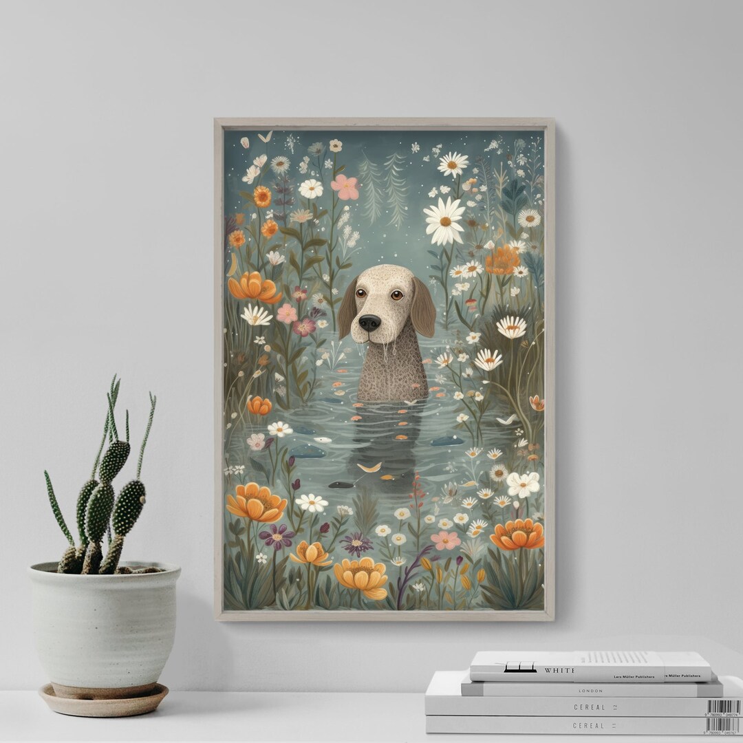 Cartoon Dog Drowning in Water With Flowers - Art Print Poster Painting ...