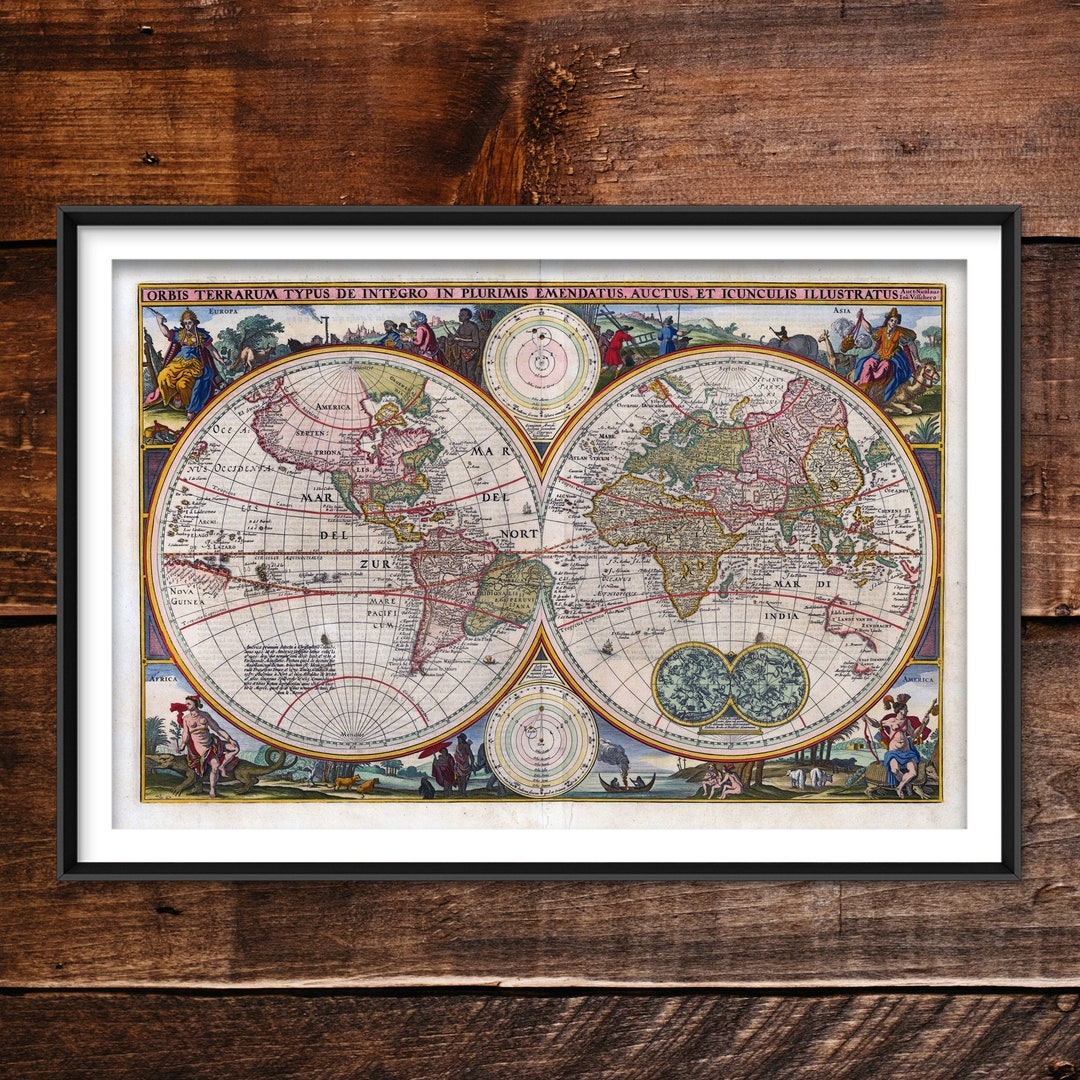 World Map (1657) - Old Vintage Historic Print - Map of Globe Art Poster ...