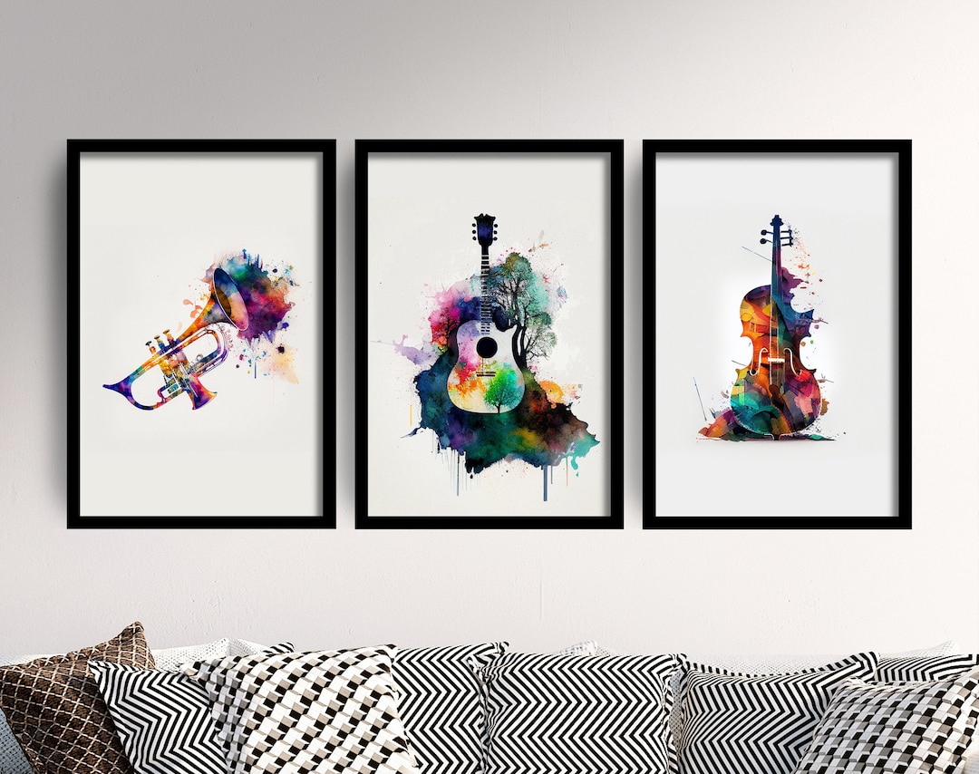 Set of Three Musical Instruments Watercolour Prints - 3 Art Paintings ...