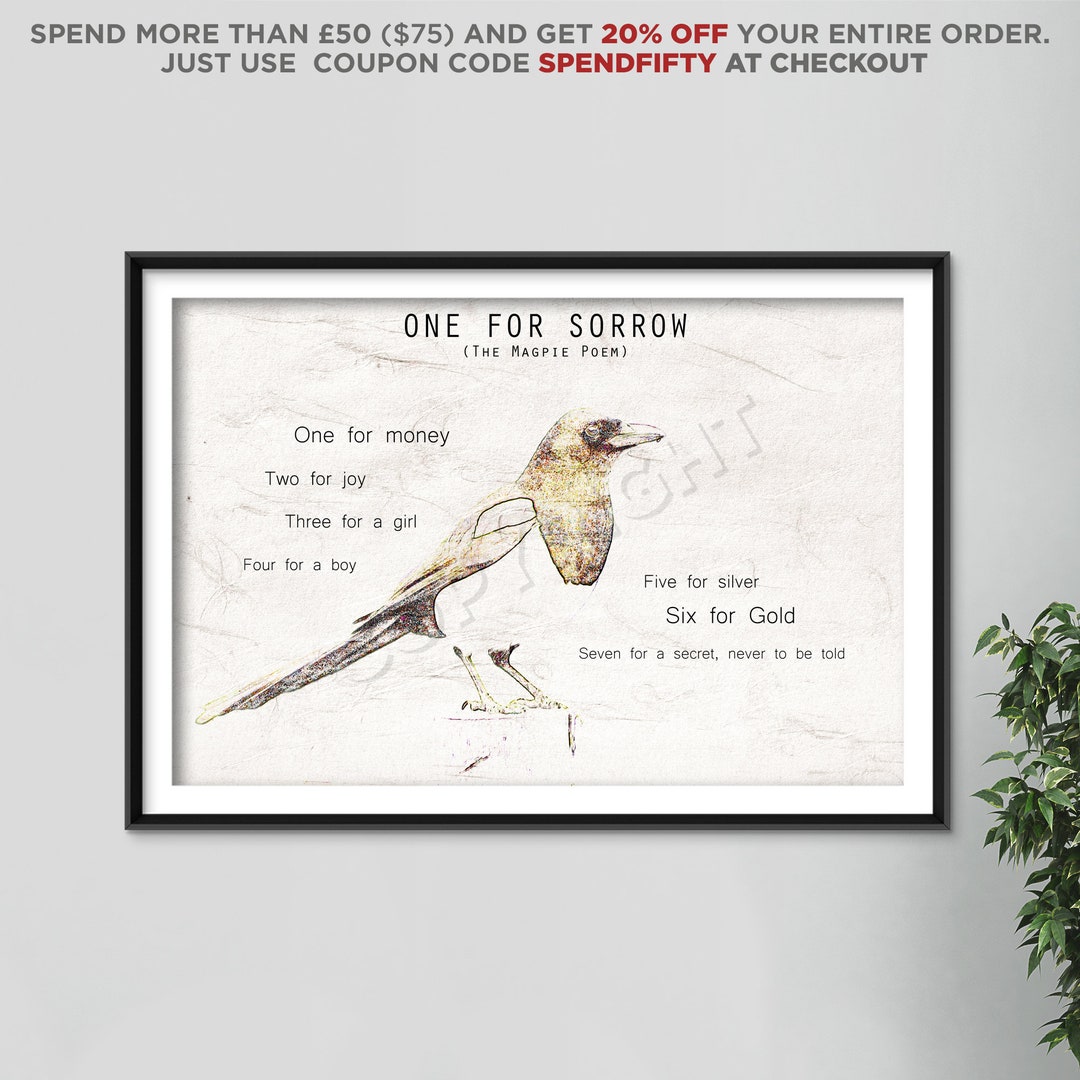 One for Sorrow Original Art Print - the Magpie Song Poem - 12x8 Inch ...