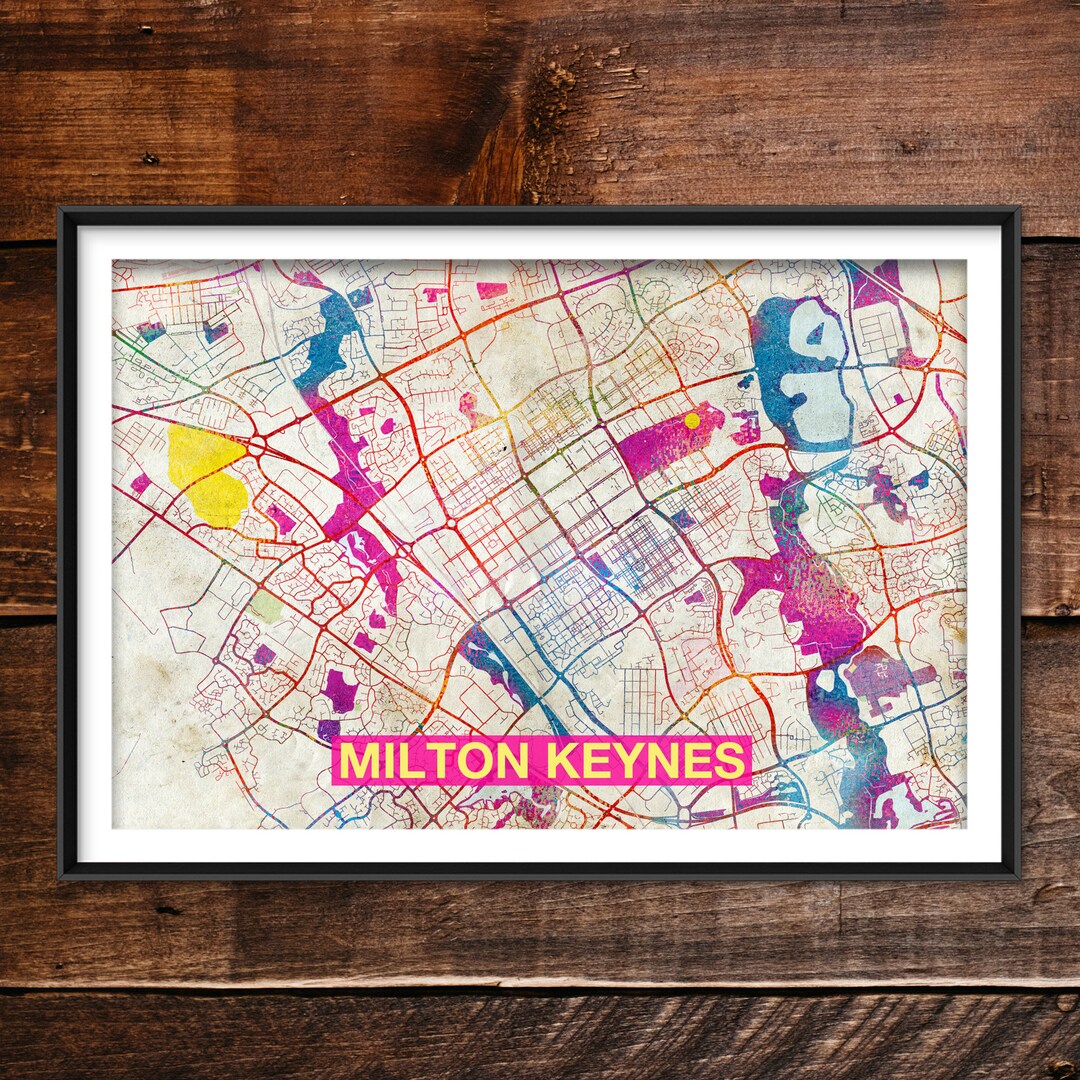 Milton Keynes Map - Original Art Print (rainbow) - City Street Map of ...