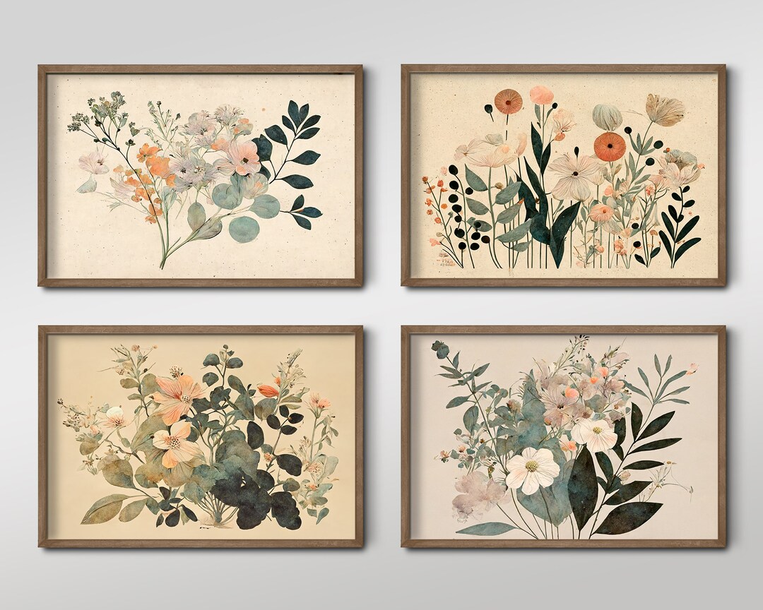 Set of Four Vintage Floral Prints - Set of 4 Flower Plants - Paintings ...