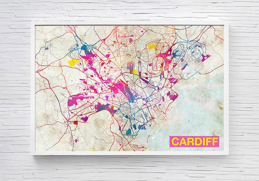 Cardiff Map - Original Art Print - City Street Map of Cardiff, Wales ...