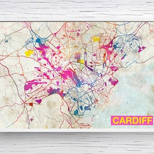 Cardiff Map - Original Art Print - City Street Map of Cardiff, Wales ...