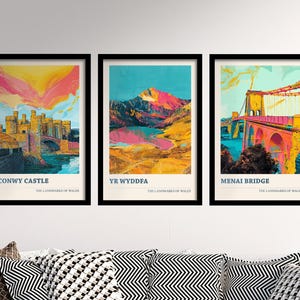 Conwy Castle, Yr Wyddfa & Menai Bridge Set of Three Colourful Art ...
