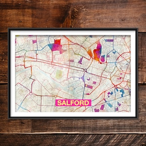 Salford Map - Original Art Print - City Street Map of Salford, England ...