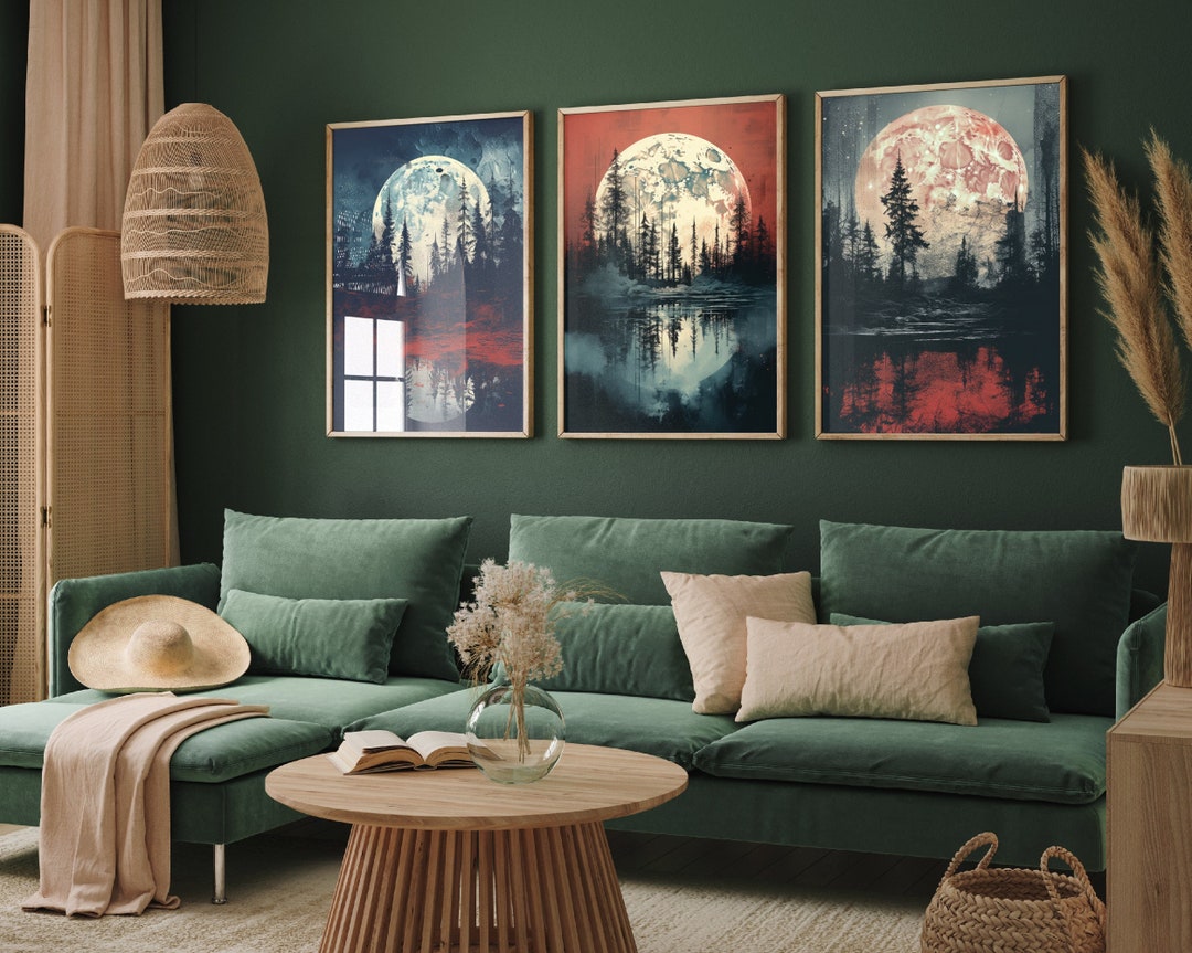Maroon Moon Over Water Set of Three Art Prints - Set of 3 Lunar ...