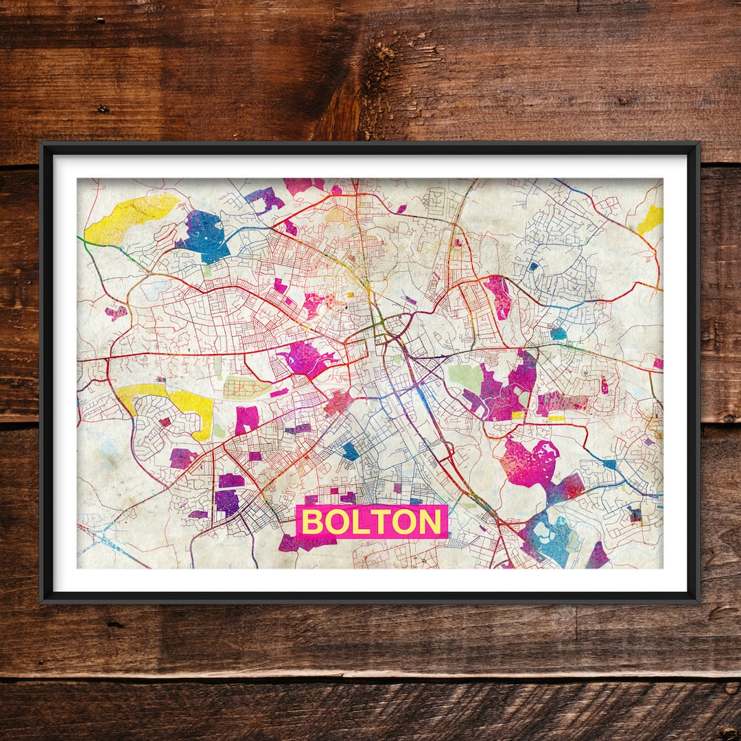 Bolton Map - Original Art Print (rainbow) - City Street Map of Bolton ...