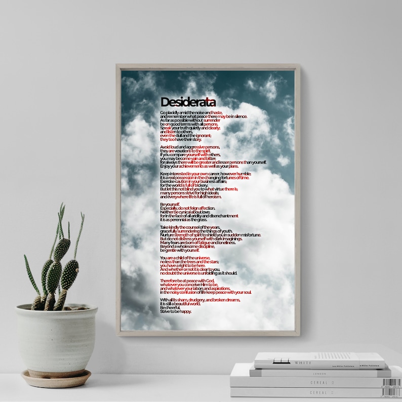 Max Ehrmann Poem - Desiderata - Light Clouds - Poster Original Art ...