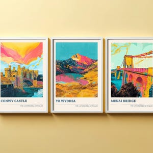Conwy Castle, Yr Wyddfa & Menai Bridge Set of Three Colourful Art ...