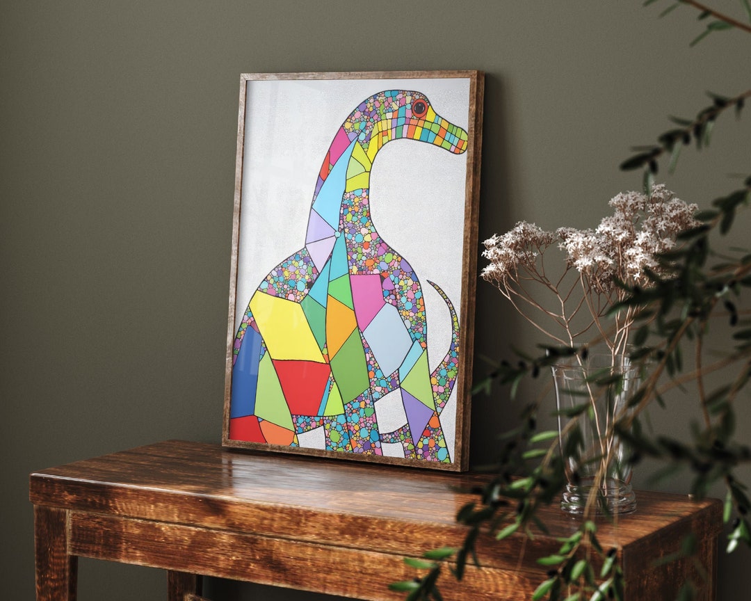 A Painting of A Brontosaurus Covered in Colorful Pieces of Paper - Art ...