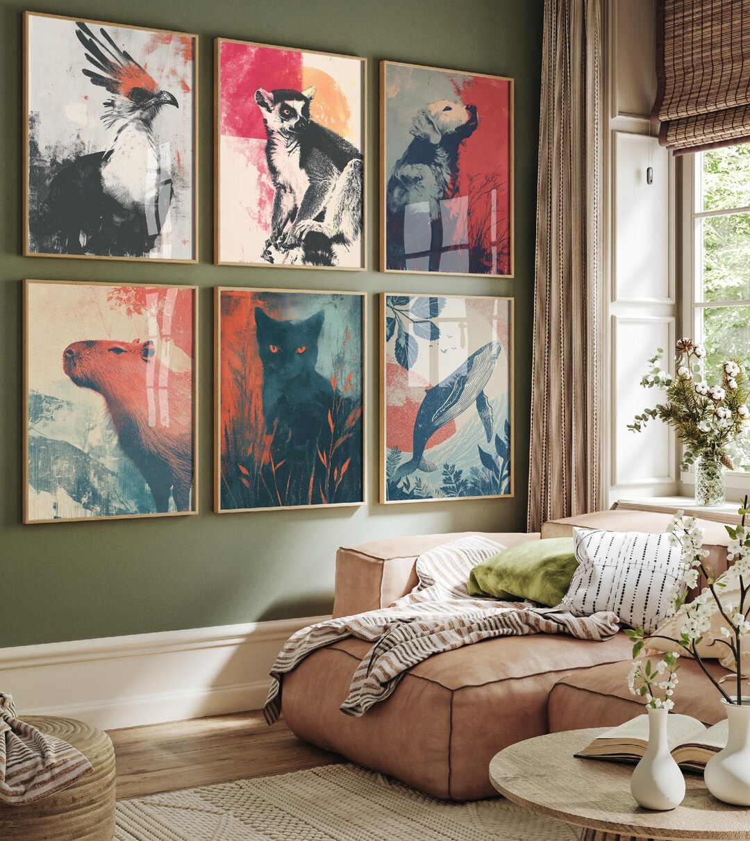 Set of Six Animal Illustrations Art Prints - 6 Paintings Secretary Bird ...