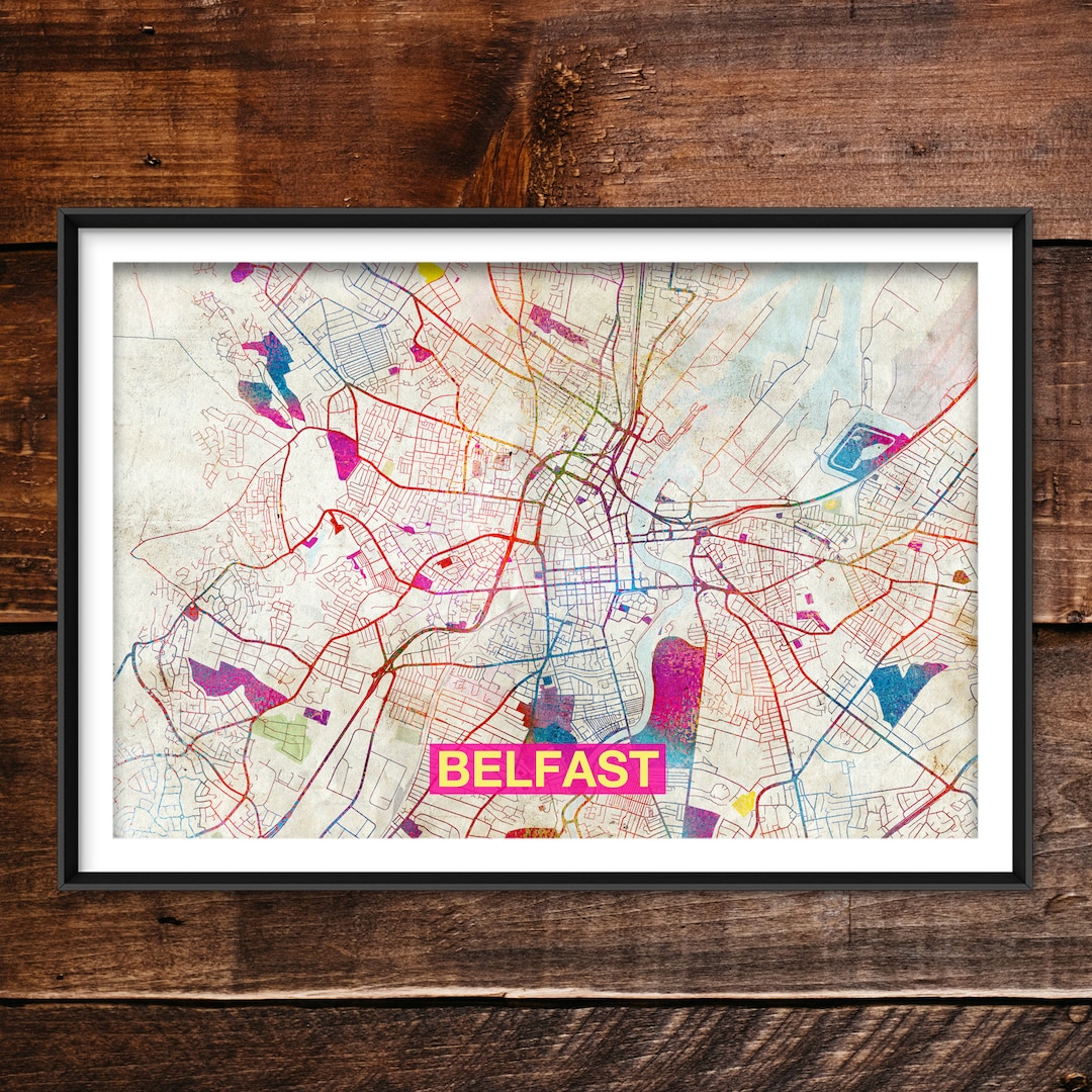 Belfast Map - Original Art Print (rainbow) - City Street Map of Belfast ...