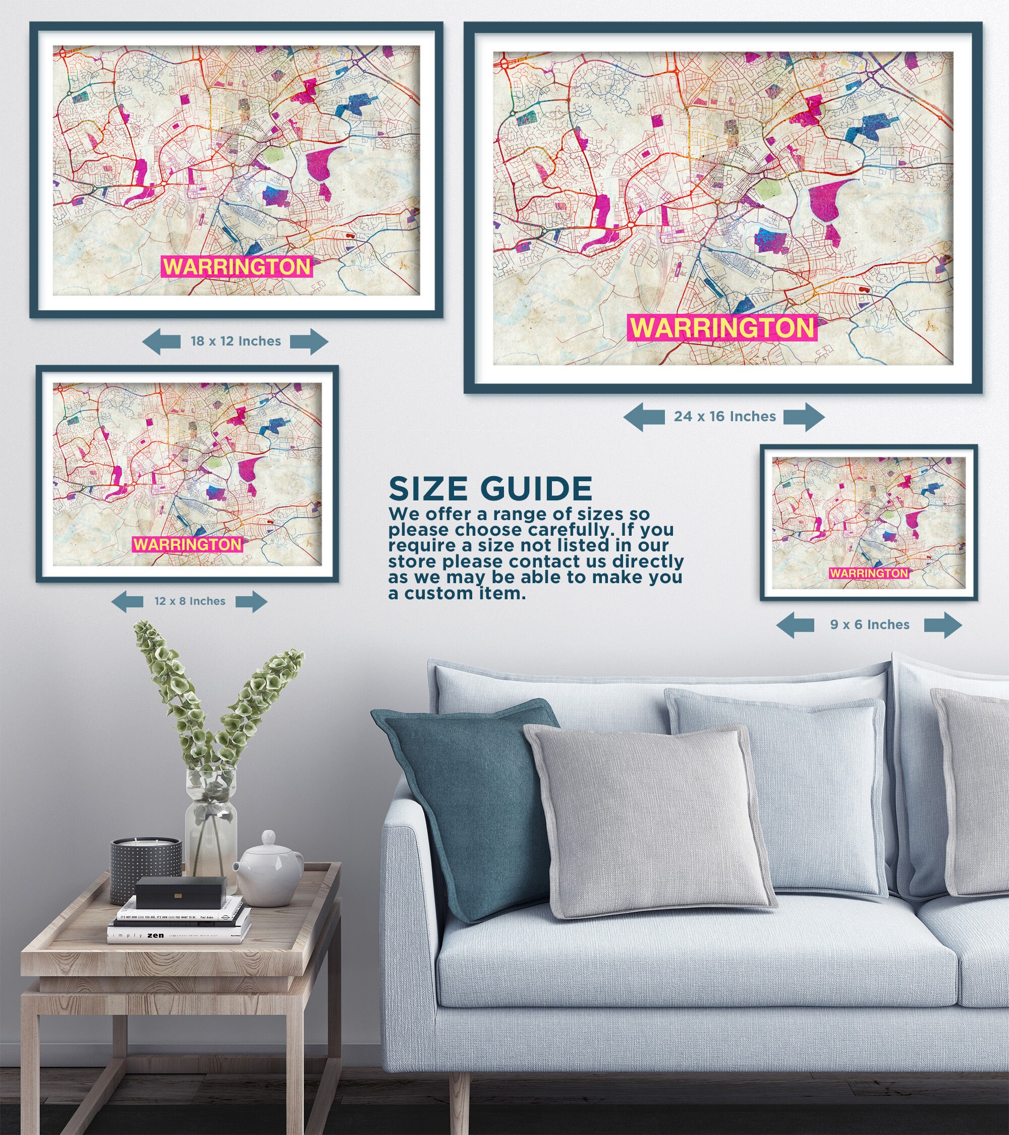 Warrington Map - Original Art Print (rainbow) - City Street Map of ...