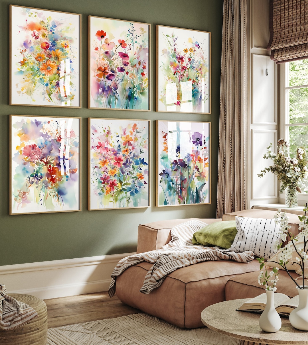 Set of Six Beautiful Floral Watercolour Prints - 6 Violet and Orange ...