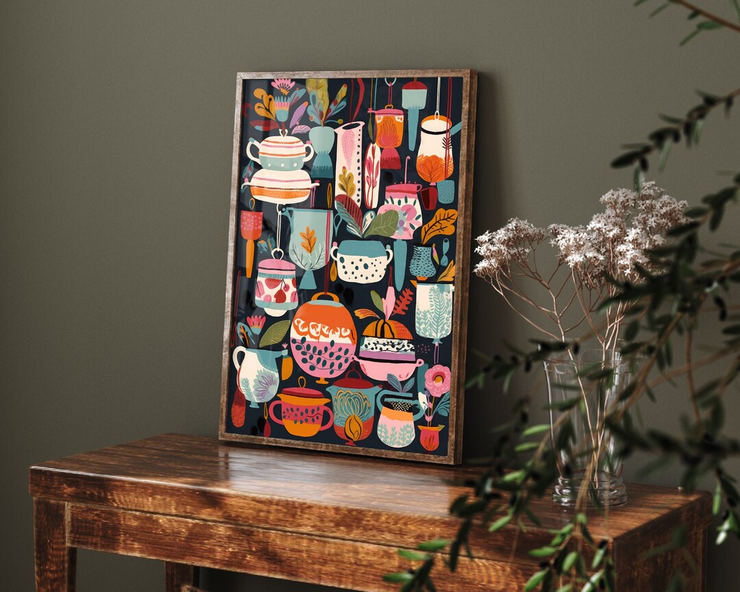 Pots and Pans Hanging on Shelves 3 - Art Print Poster Painting - Giclee ...