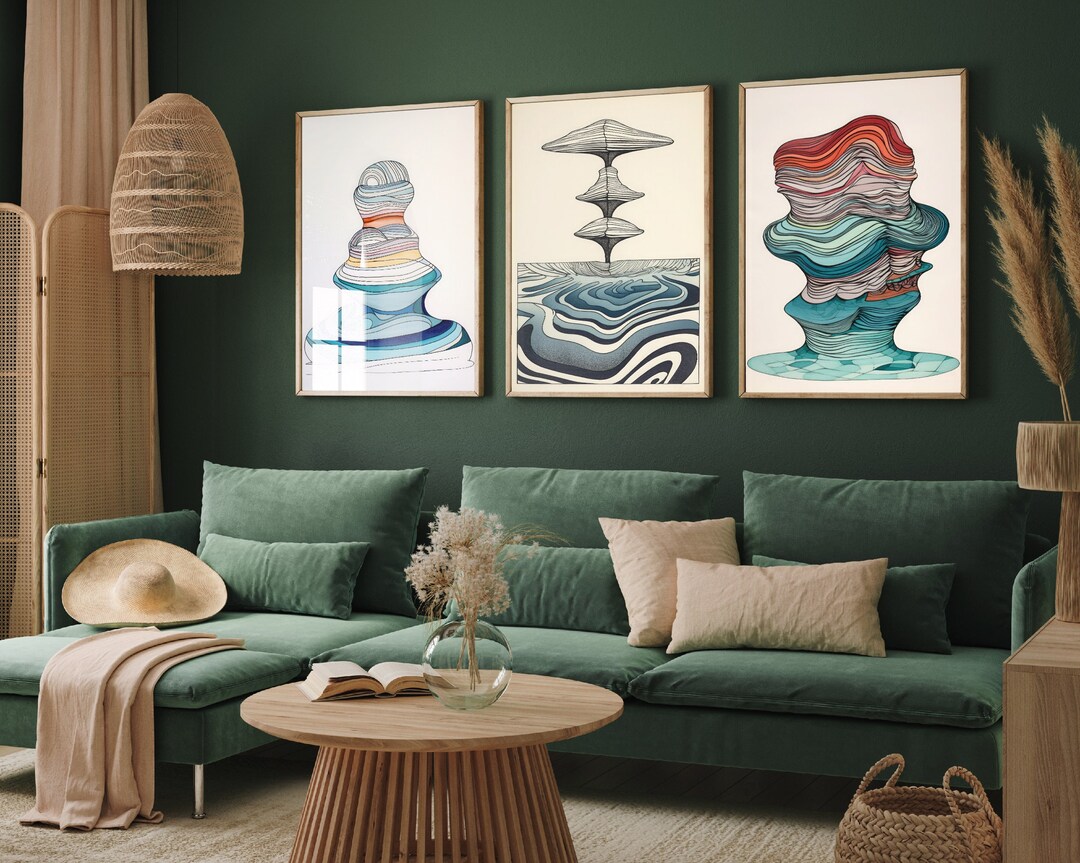 Abstract Water Set of Three Line Drawing Art Prints - Painting Poster ...