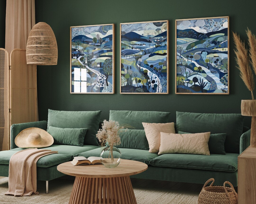 Landscape Illustrations in Navy Blue Slate Grey - Set of Three Abstract ...