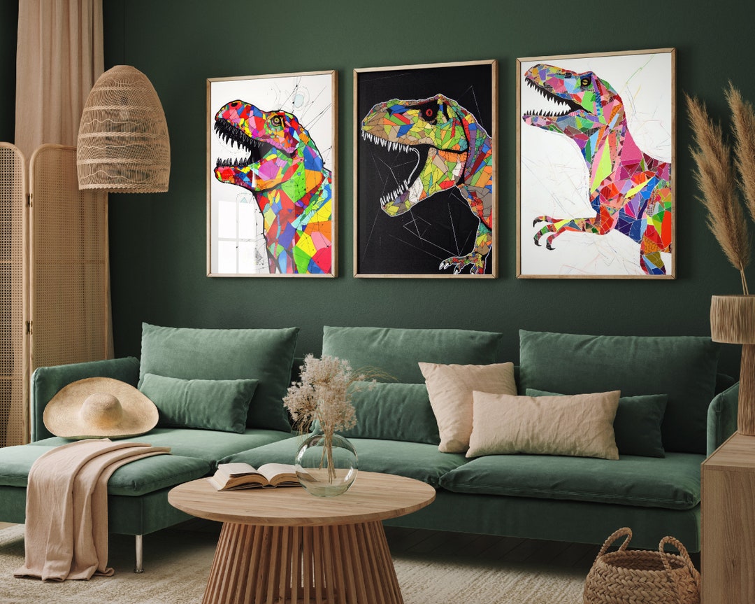 Set of Three Tyrannosaurus Rex Art Prints - Colourful Jurassic Dinosaur ...