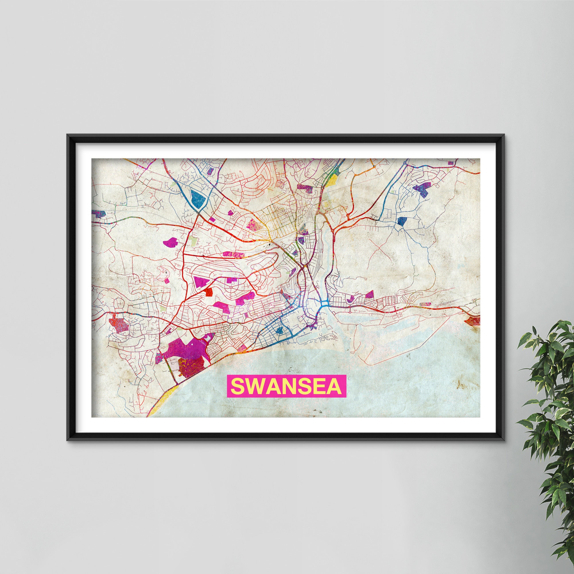 Swansea Map - Original Art Print - City Street Map of Swansea, Wales ...