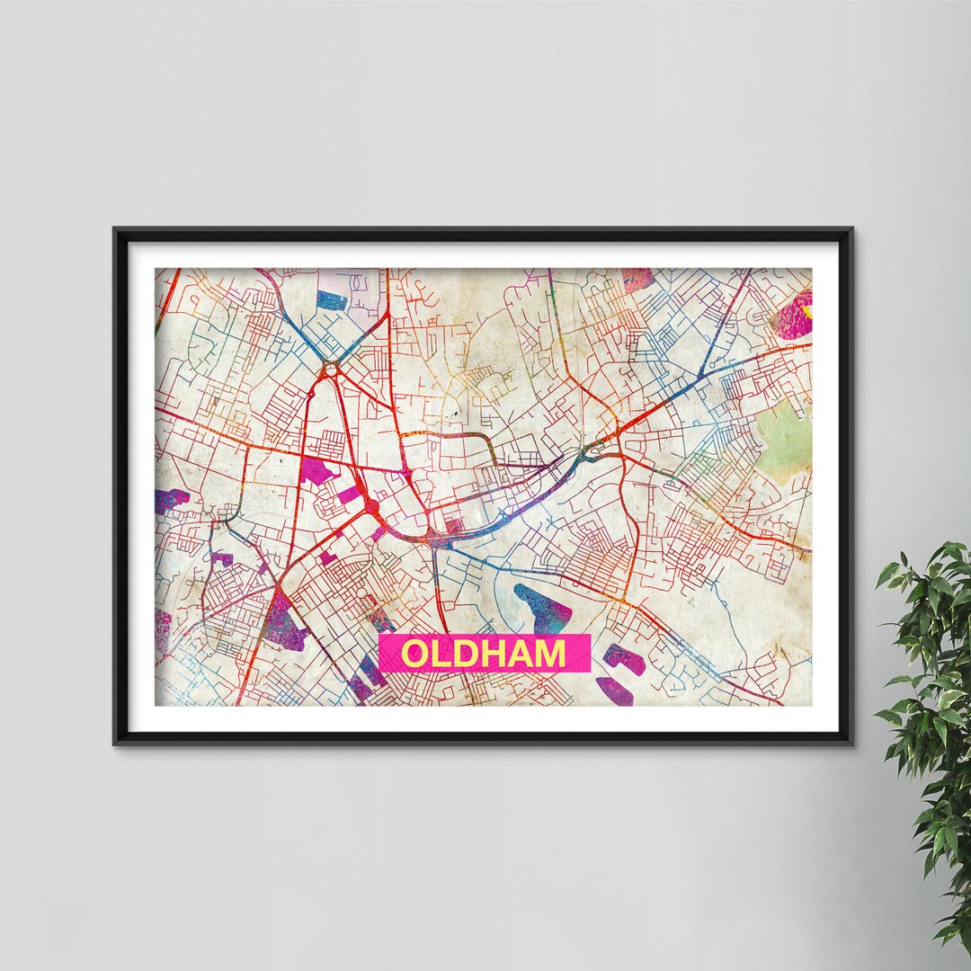 Oldham Map - Original Art Print - City Street Map of Oldham, England ...