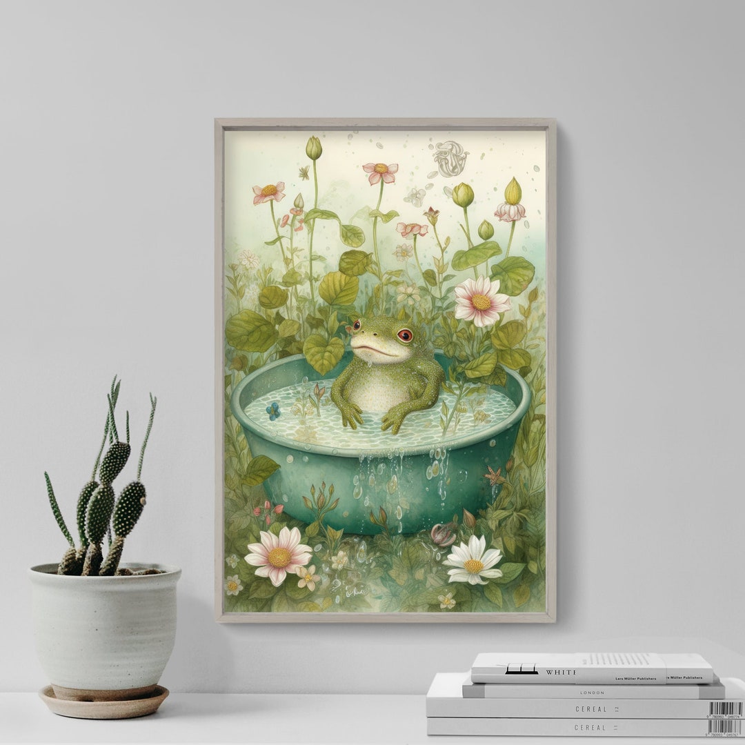 Cartoon Frog Drowning in Water With Flowers - Art Print Poster Painting ...