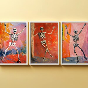 Halloween Dancing Skeleton Set of Three Art Prints - 3 Funny Paintings ...