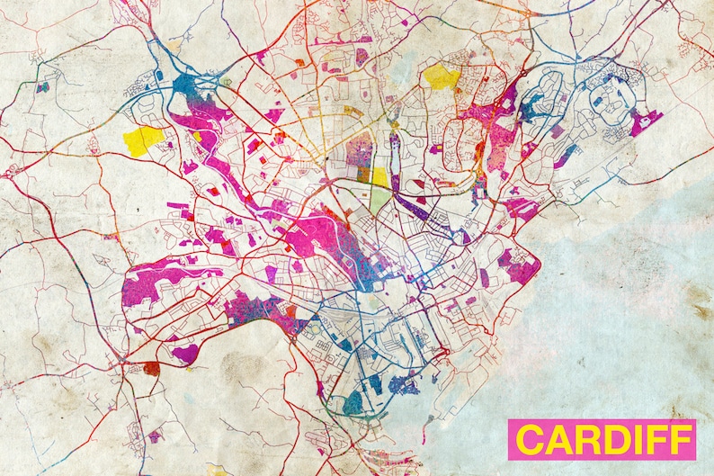 Cardiff Map - Original Art Print - City Street Map of Cardiff, Wales ...