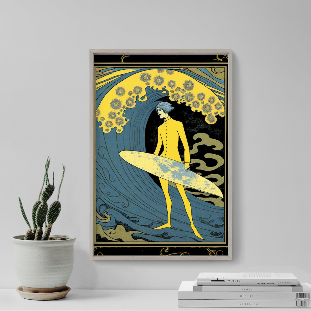 Surfing Poster - Surreal Illustration - Red and Blue Waves - Classic ...