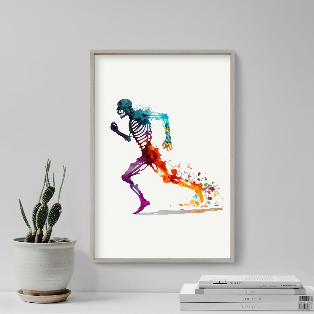 Skeleton Running Watercolour Art Print Poster - Colourful Paint ...