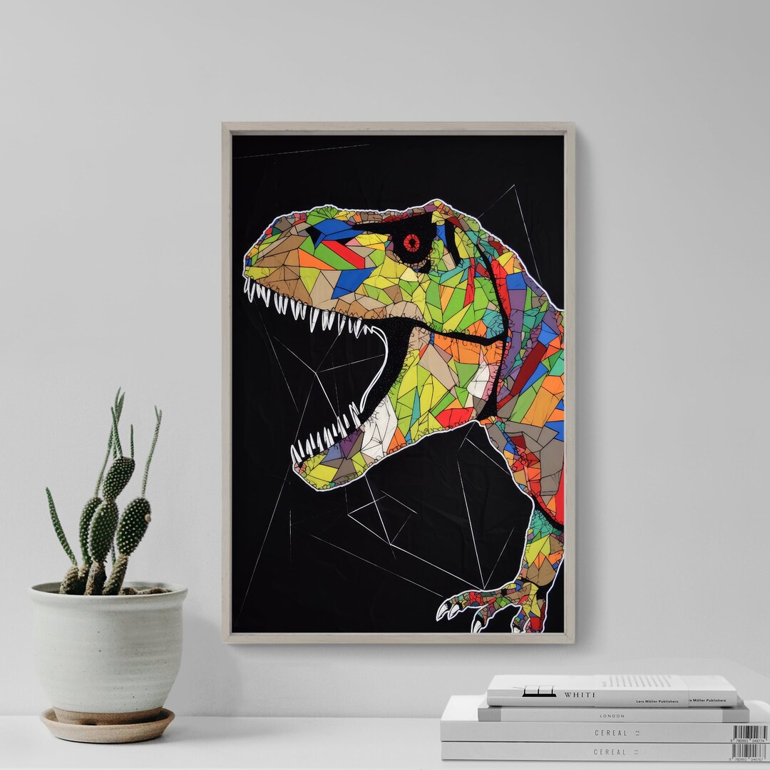 A Painting of A Tyrannosaurus Rex Covered in Colorful Pieces of Paper 2 ...
