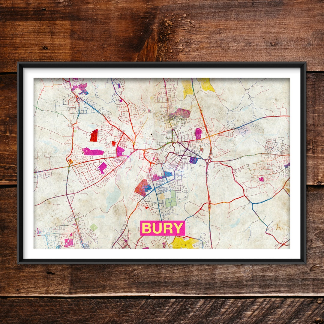 Bury Map - Original Art Print (rainbow) - City Street Map of Bury ...