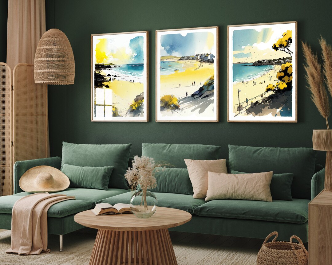 Cornwall Watercolours in Yellow and Blue - Set of Three Art Prints ...