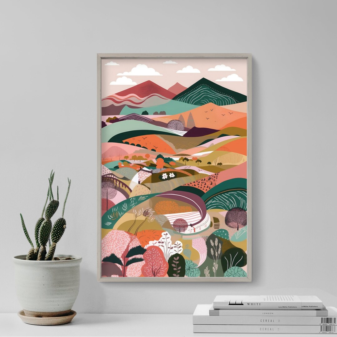 A Landscape Drawing With Trees Hills and Lakes 5 - Art Print Poster ...