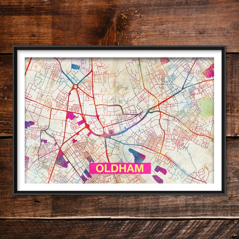 Oldham Map - Original Art Print (rainbow) - City Street Map of Oldham ...