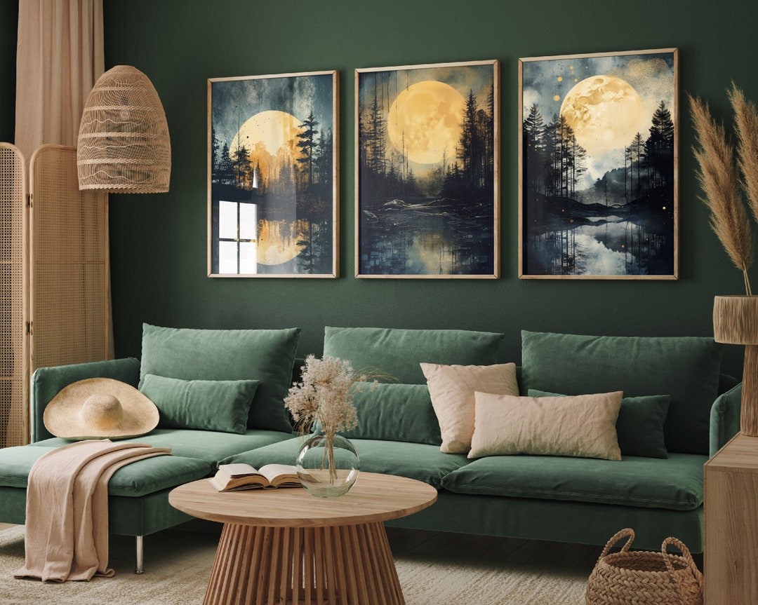 Golden Moon Over Water Set of Three Art Prints - Set of 3 Lunar ...