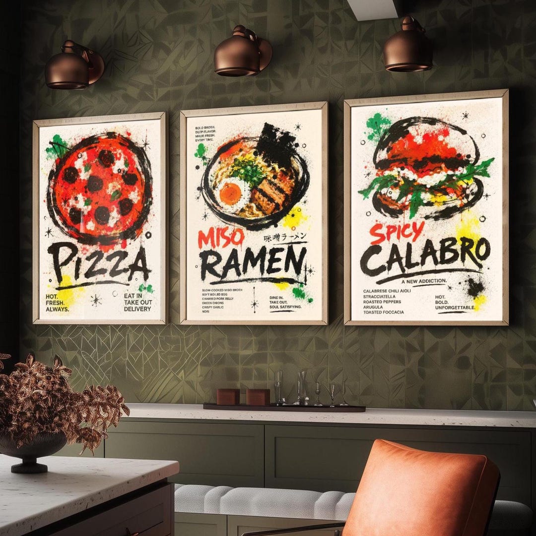 Restaurant Food Set of Three Prints | Pizza Miso Ramen Spicy Calabro ...