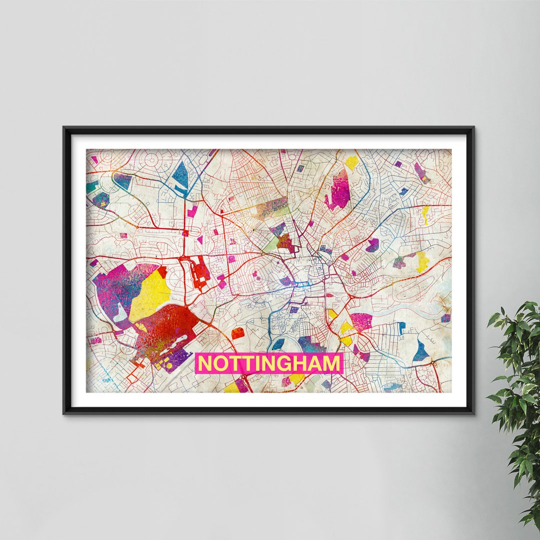 Nottingham Map - Original Art Print - City Street Map of Nottingham ...
