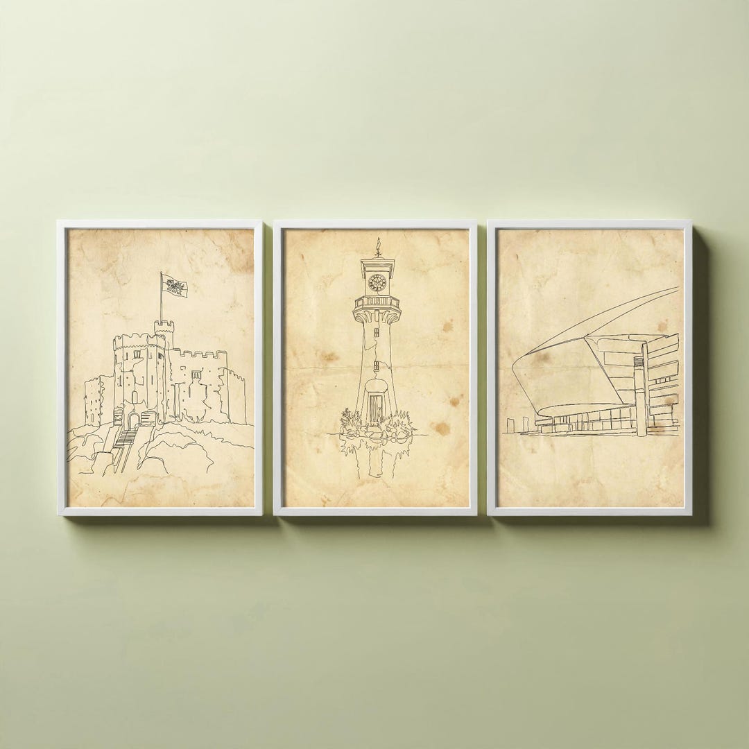 Single Line Cardiff Location Drawings - Set of Three Art Prints of ...