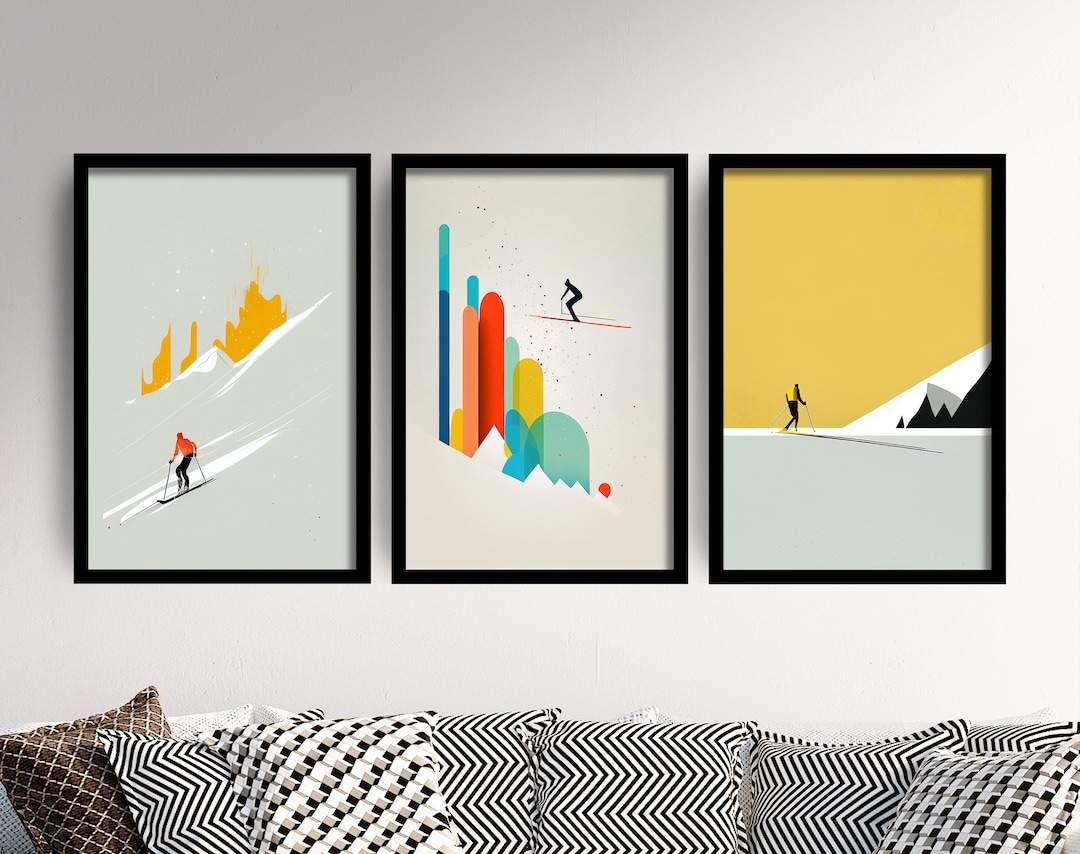 Set of Three Skiing Prints - 3 Art Paintings Poster Photo Wall Gift ...