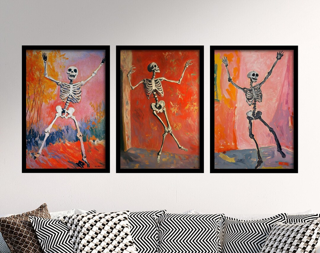 Halloween Dancing Skeleton Set of Three Art Prints - 3 Funny Paintings ...