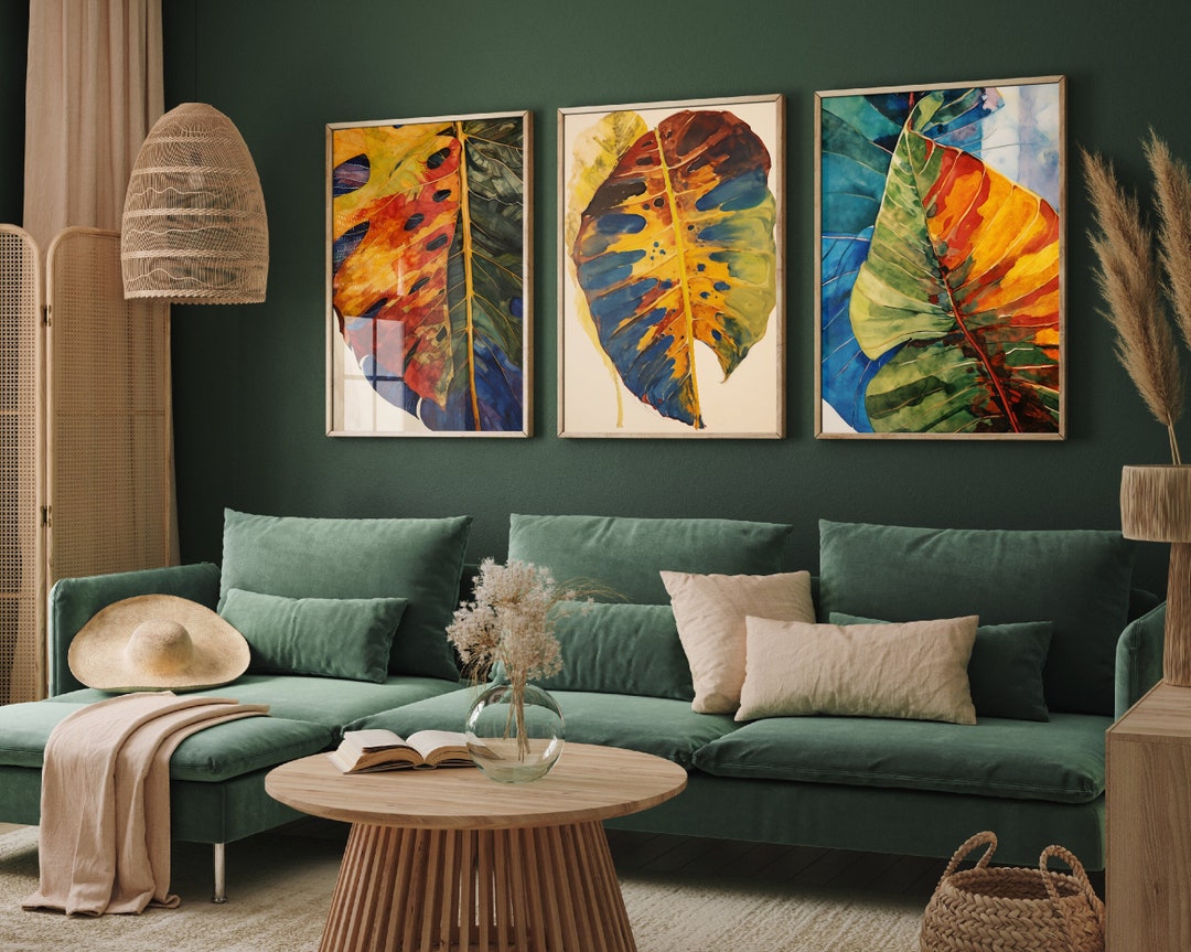 Set of Three Withered Rust Monstera Leaf Paintings - 3 Botanical Art ...