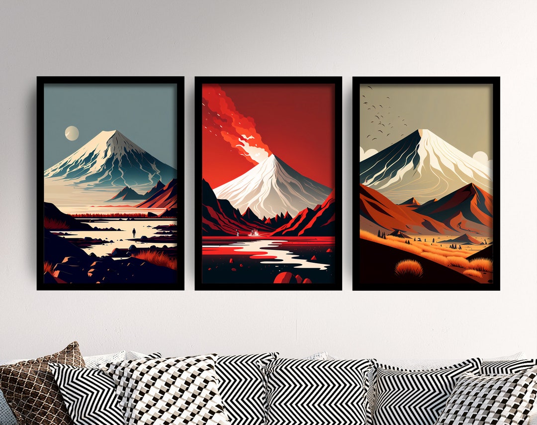 Set of Three Volcano Prints - Set of 3 Mountain Posters - Photo Wall ...