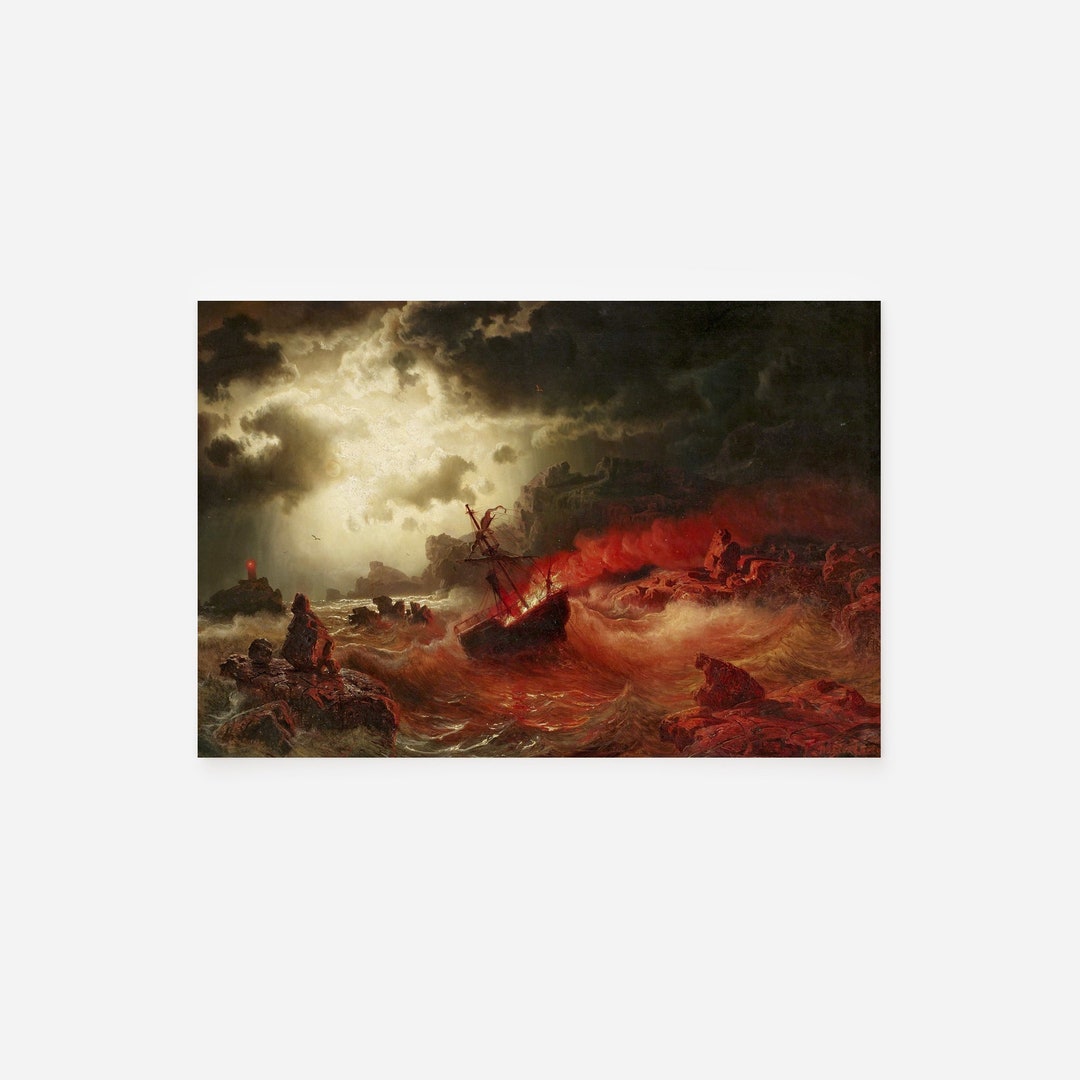 Marcus Larson - Ocean at Night With Burning Ship (1862) - Art Print ...